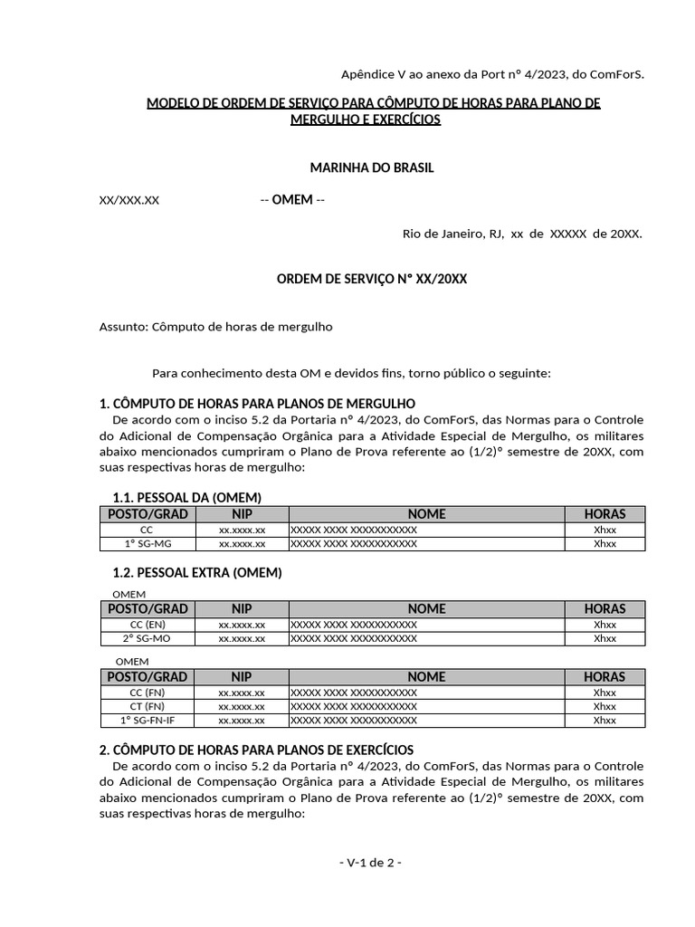 ApV an Port 4 2023 ComForS Modelo de OS Para Computo de Horas Mergulho Para Plano de Mergulho e ...