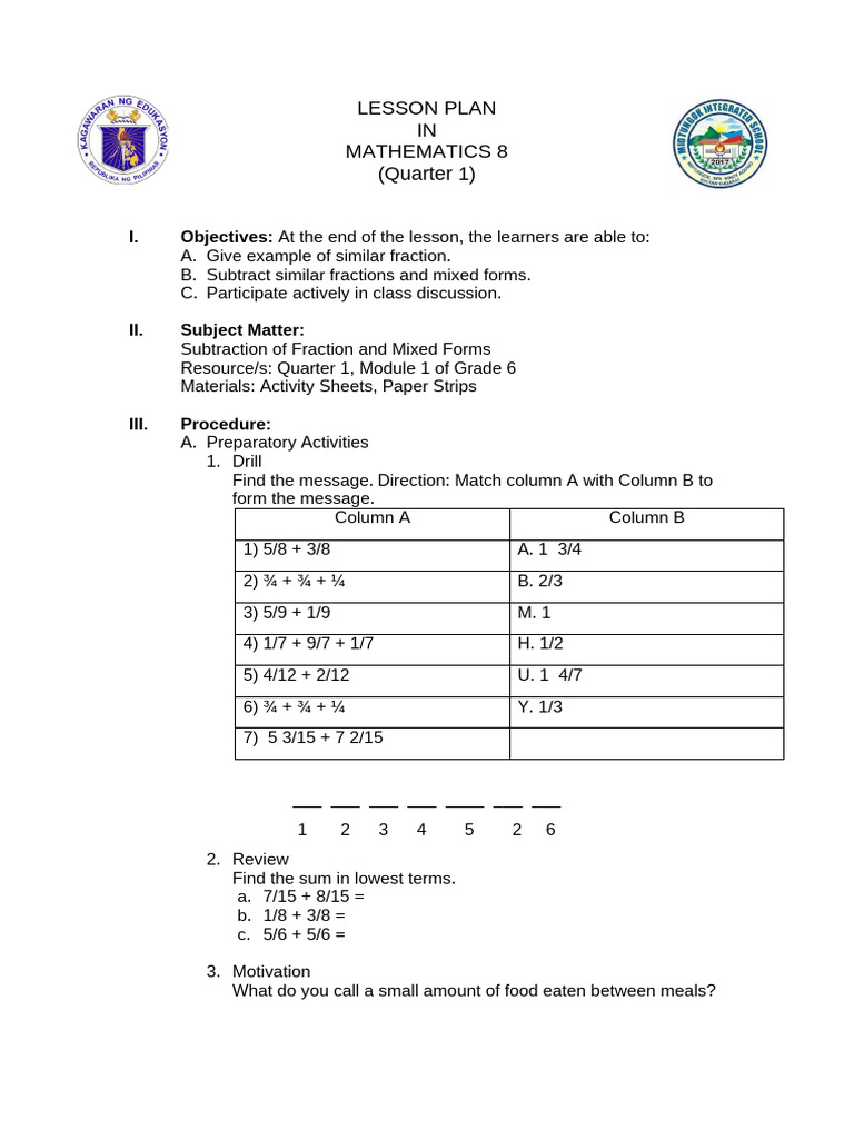 Lesson Plan in Mathematics 8 | PDF