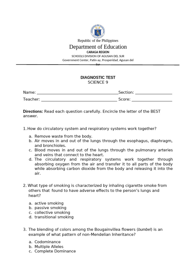 Science 9 - Diagnostic Test | PDF