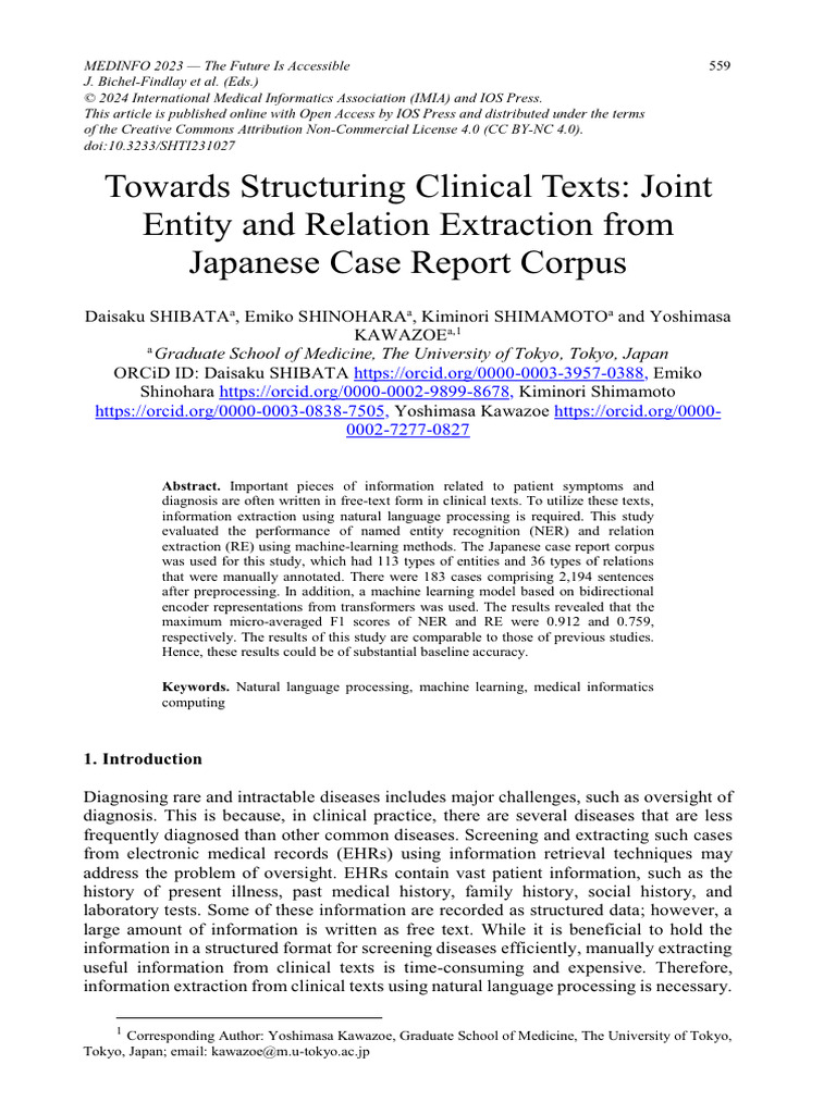 Towards Structuring Clinical Texts Joint Entity And Relation Extraction From Japanese Case