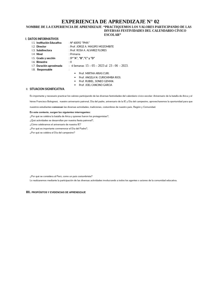 EXPERIENCIA DE APRENDIZAJE N°02 Pma-1 | PDF