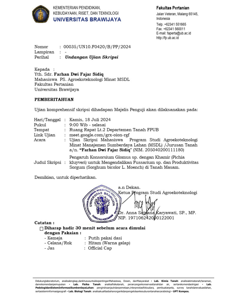 Undangan Ujian Skripsi A.N Farhan Dwi Fajar Sidiq | PDF