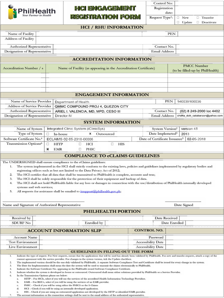 HCI ENGAGEMENT FORM for eClaims iClinicsys UPDATED | PDF
