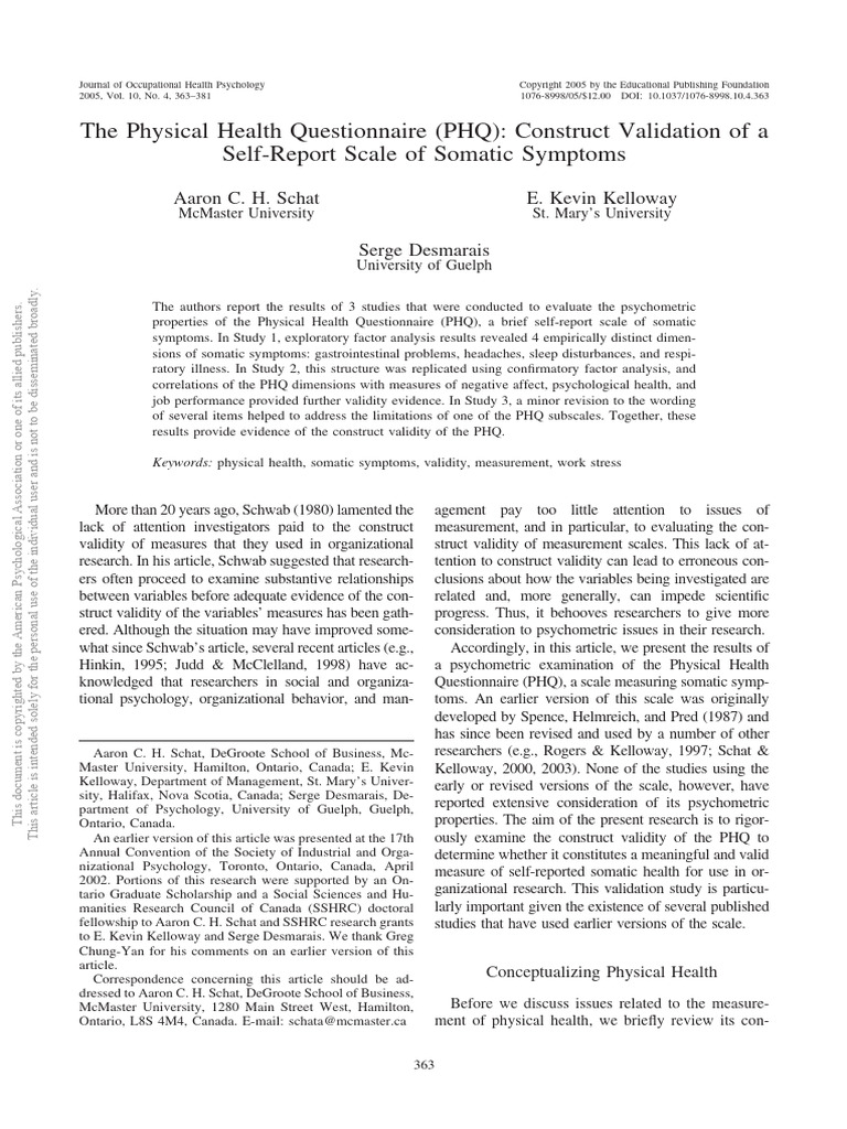 The Physical Health Questionnaire (PHQ) : Construct Validation of A Self-Report Scale of Somatic ...