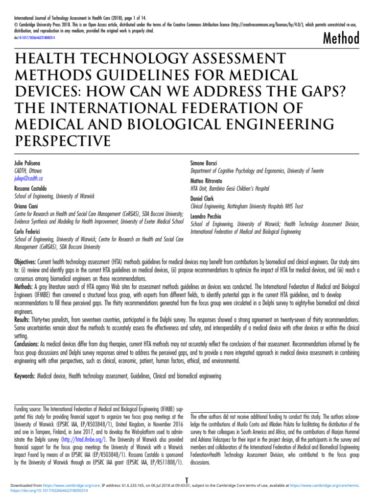 Health Technology Assessment Methods Guidelines for Medical Devices How Can We Address the Gaps ...
