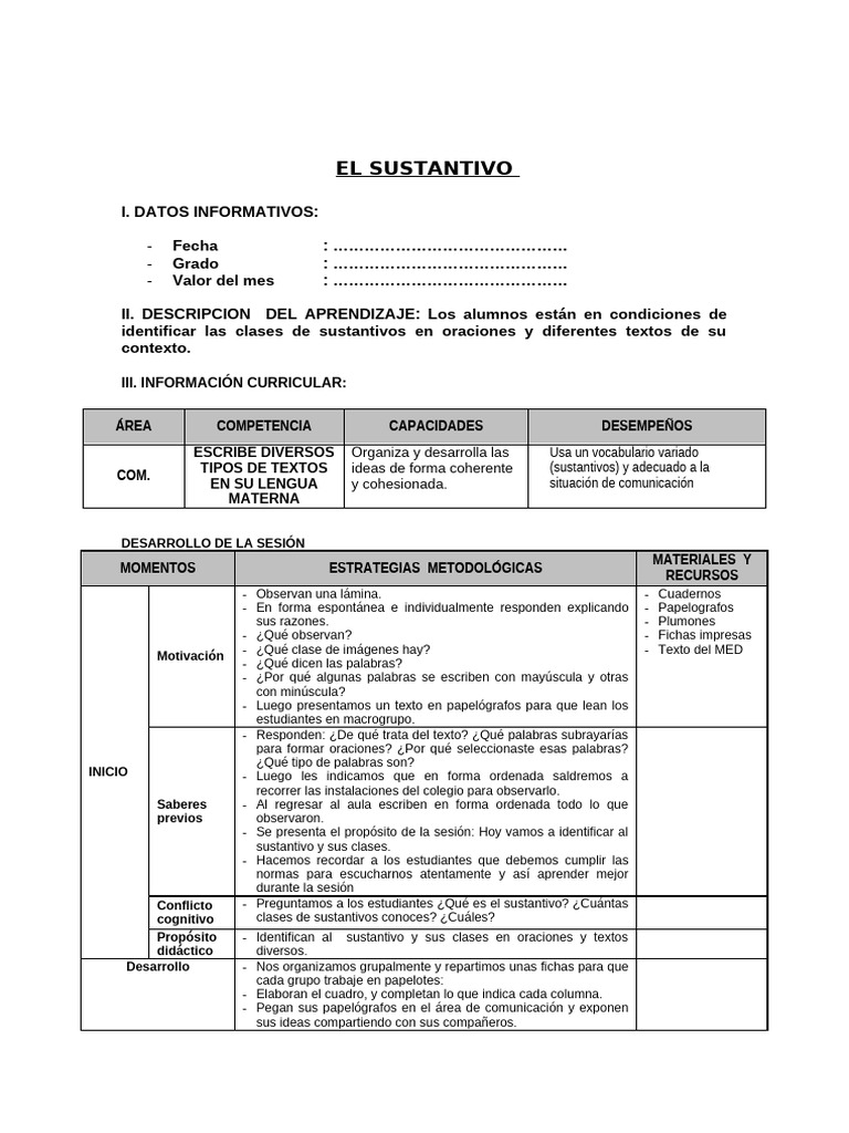 Clases de Sustantivos en el Aula | PDF | Cognición | Artes del Lenguaje ...