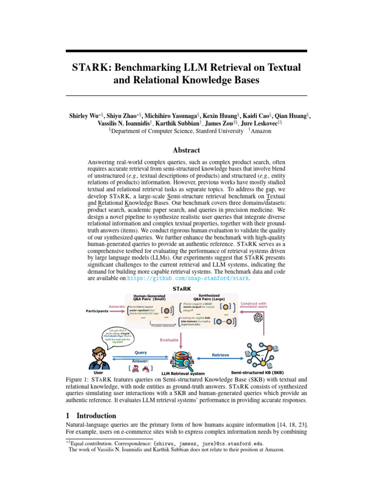 STaRK Benchmarking LLM Retrieval On Textual and Relational Knowledge Bases | PDF