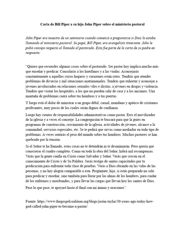 Carta de Bill Piper A Su Hijo John Piper Sobre El Ministerio Pastoral | PDF