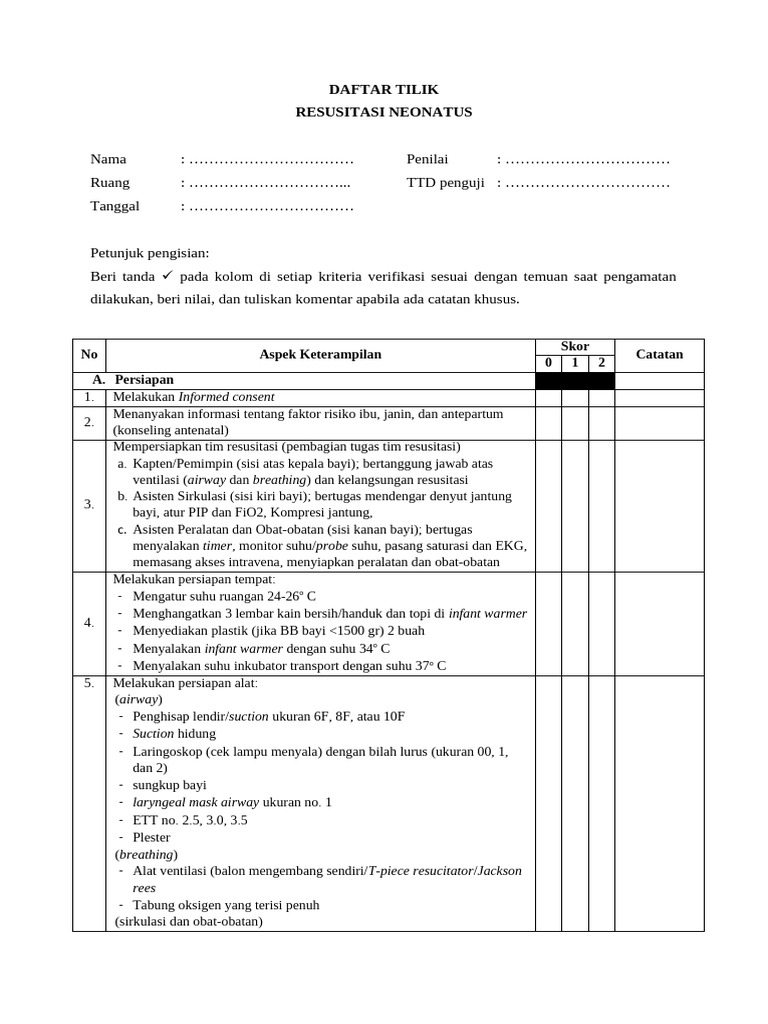 Form Daftar Tilik Resusitasi Neonatus | PDF