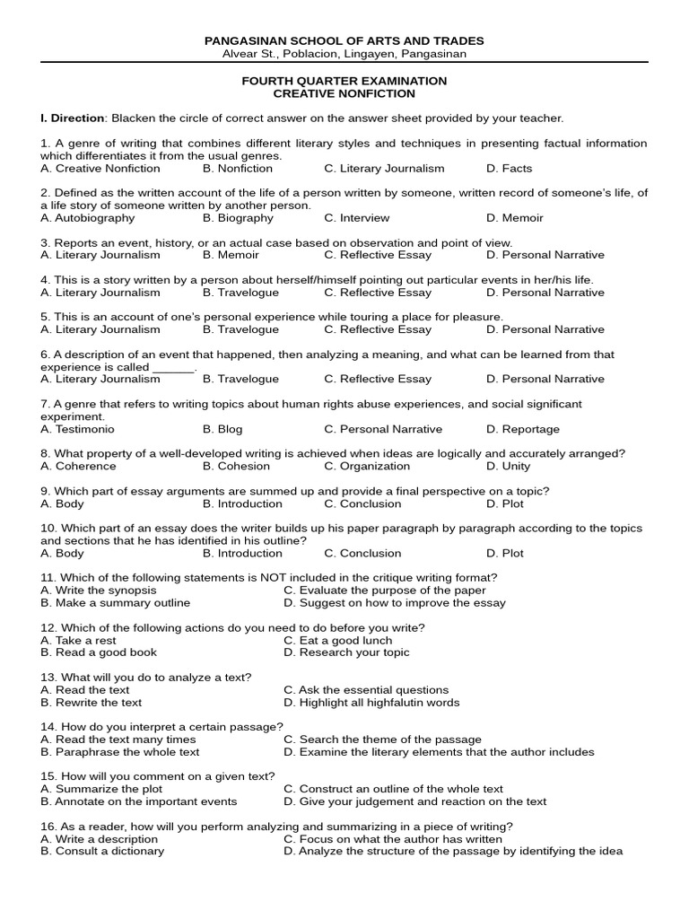 4th Quarter Exam CNF | PDF | Creative Nonfiction | General Fiction