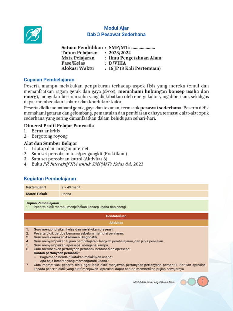 Modul Ajar PR IPA 8A 2023-2024 Bab 3 | PDF