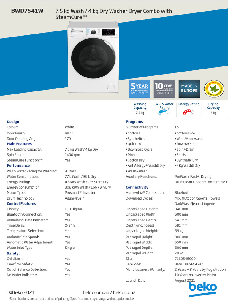 Beko Specification Sheet 2021 - BWD7541W | PDF