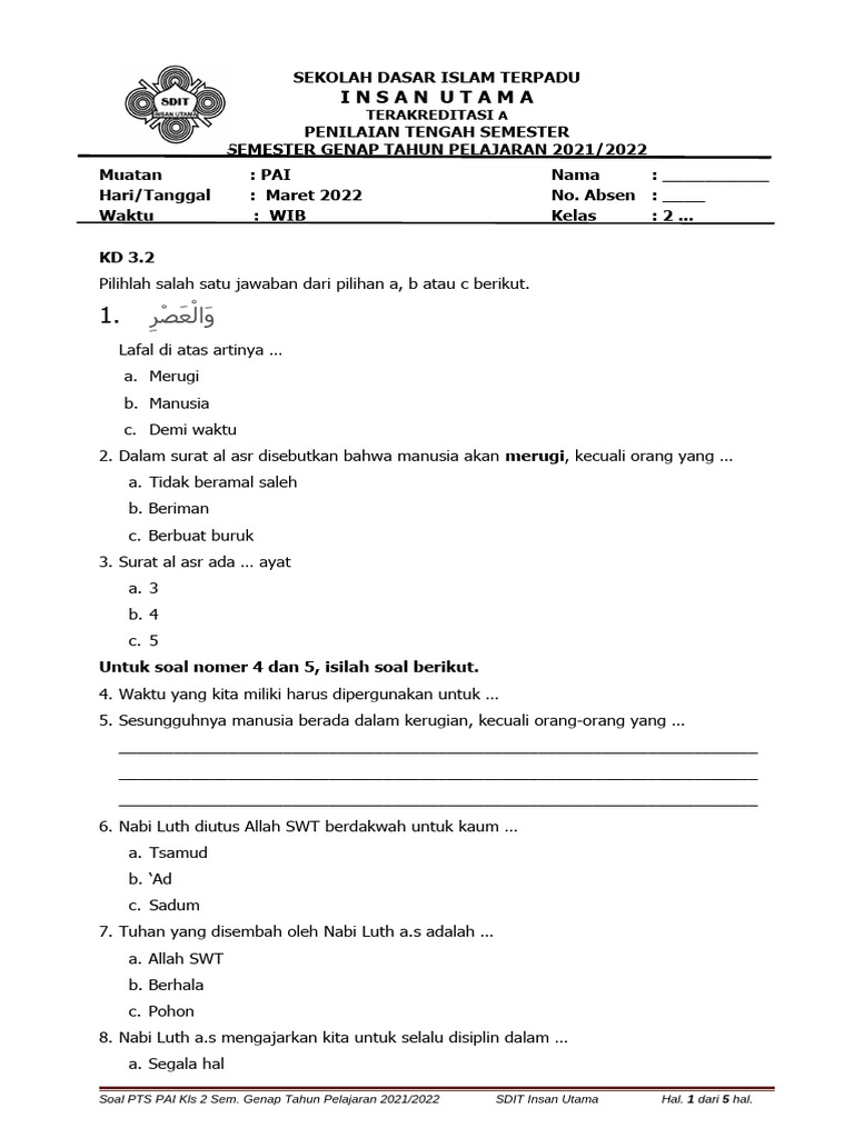 PTS PAI KELAS 2 Sem 2 2020-2021 | PDF