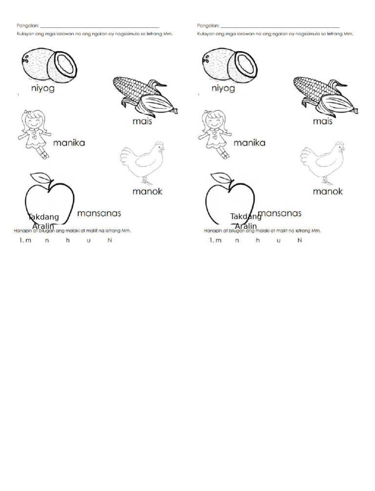Letter M Kulayan Ang Mga Bagay Na Nagsisimula Sa Letrang M | PDF