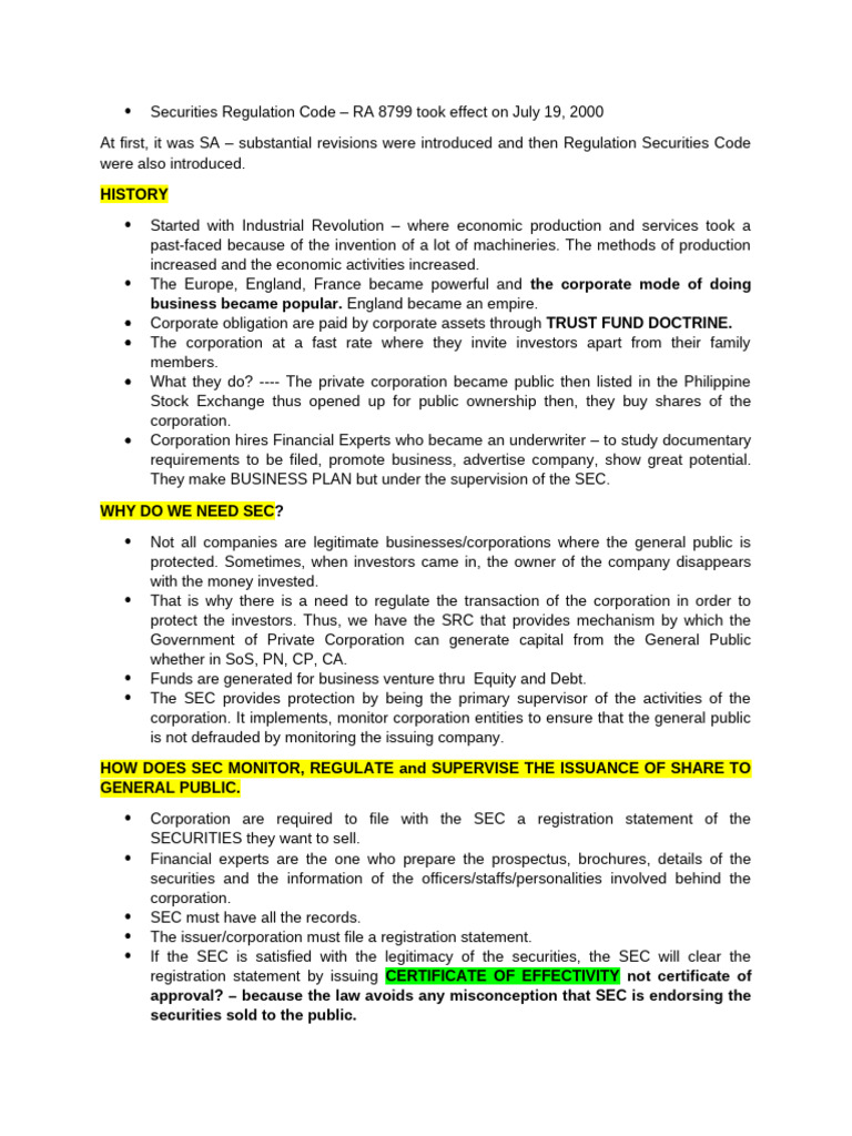 Securities Regulation Code Notes F2F | PDF