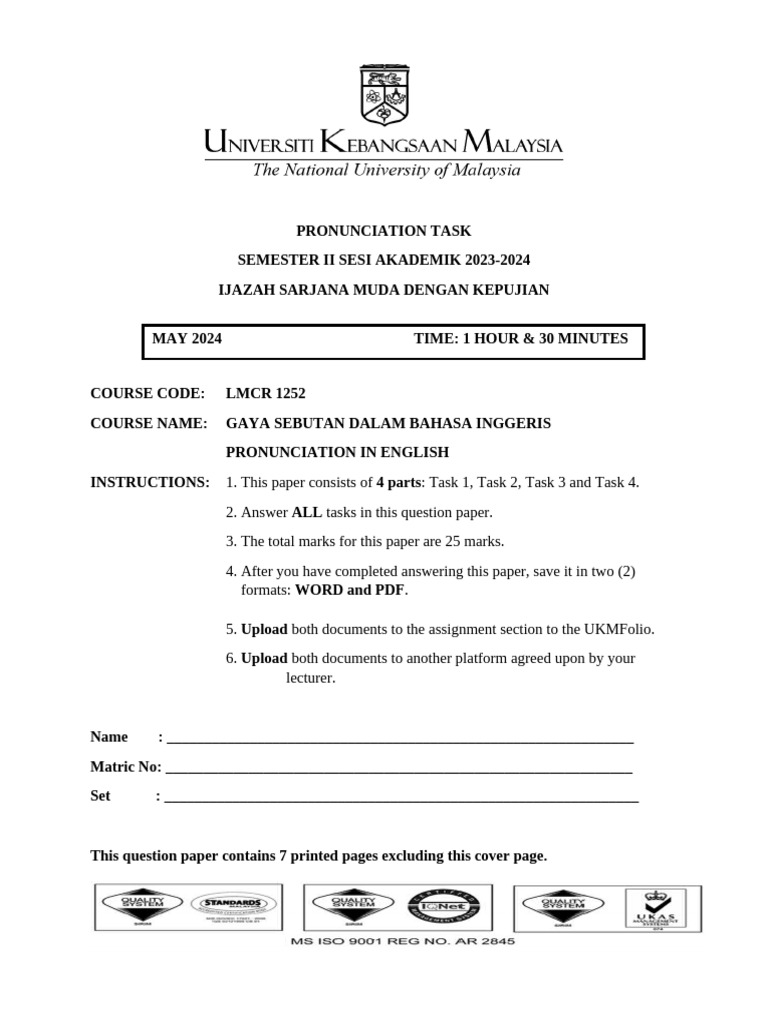 Pronunciation Task Semester 2 Session 2023 - 2024 1 | PDF
