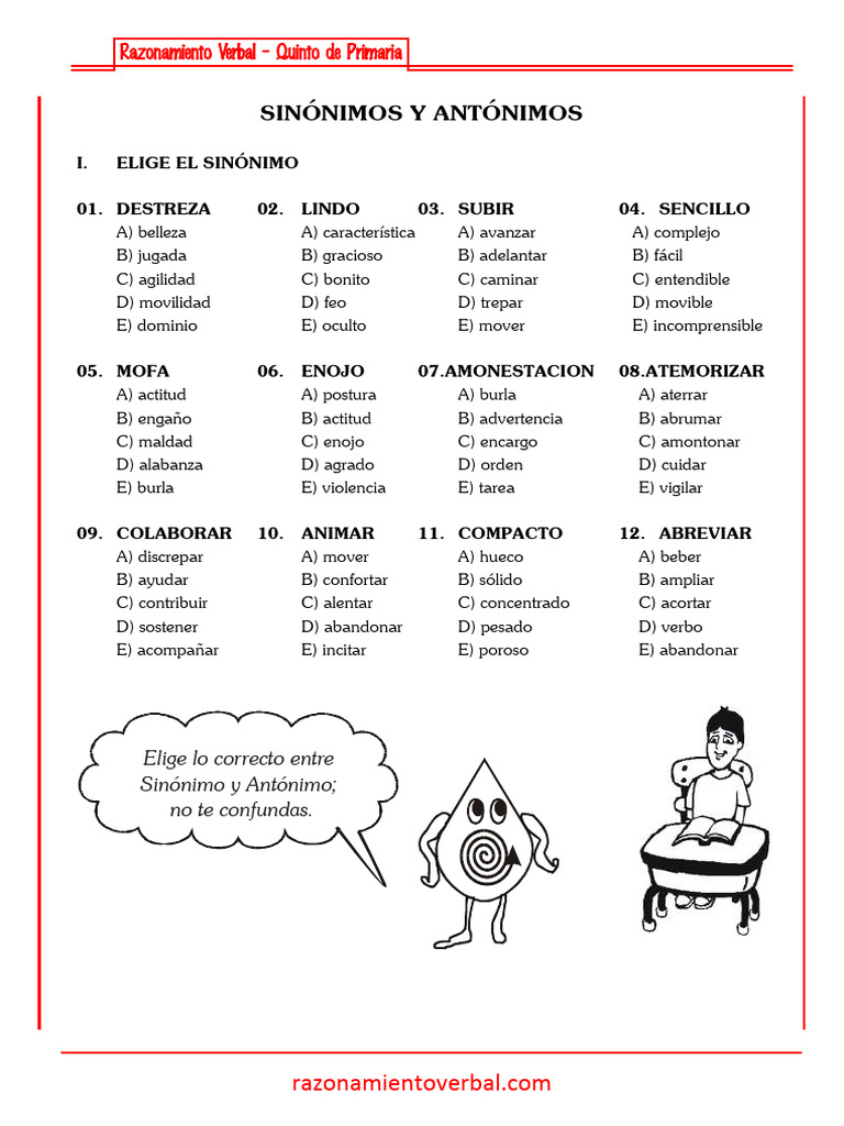 27 Sinonimos y Antonimos Quinto de Primaria | PDF