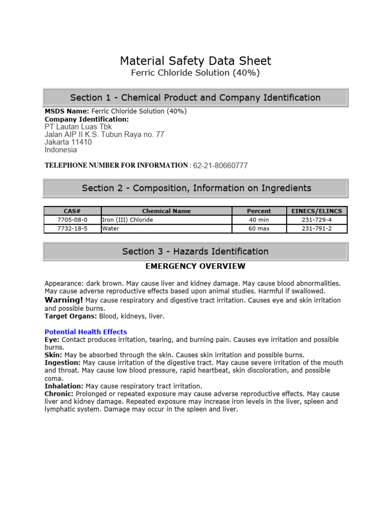 MSDS Ferric Chloride 40% | PDF