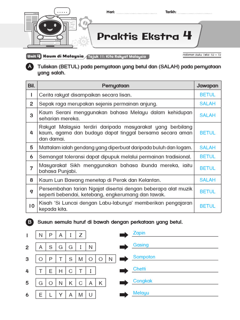 Sejarah Tahun 6 - Praktis Ekstra (Unit 4) - Jawapan | PDF