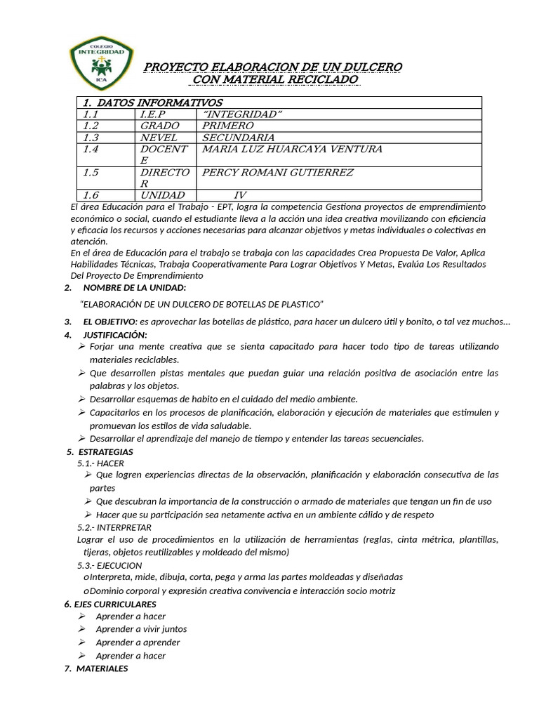 1° Proyecto Elaboracion de Un Porta Dulces de Material Reciclado | PDF