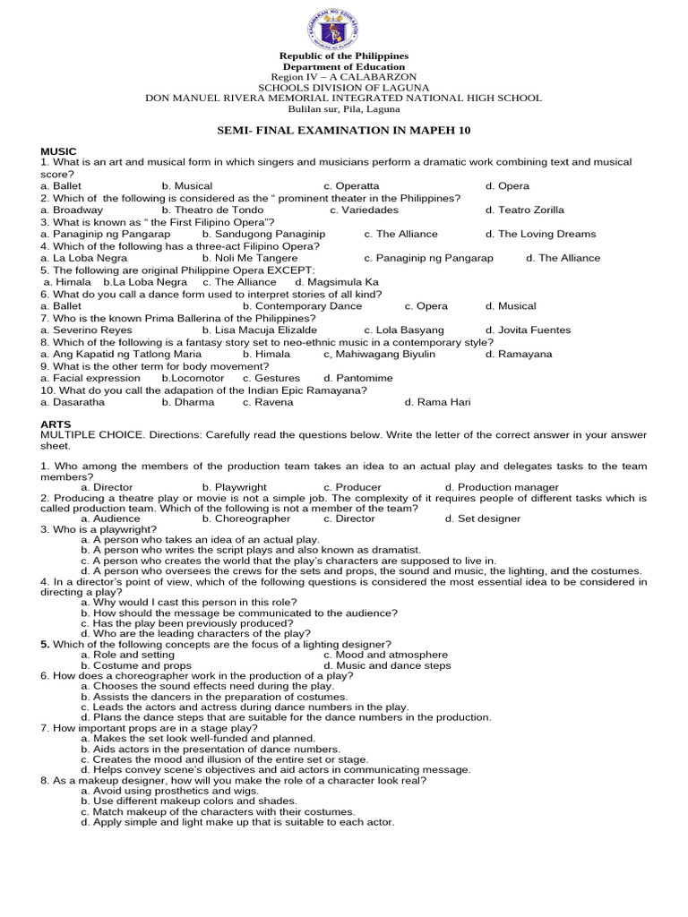 Semi Final Exam Mapeh 10 | PDF