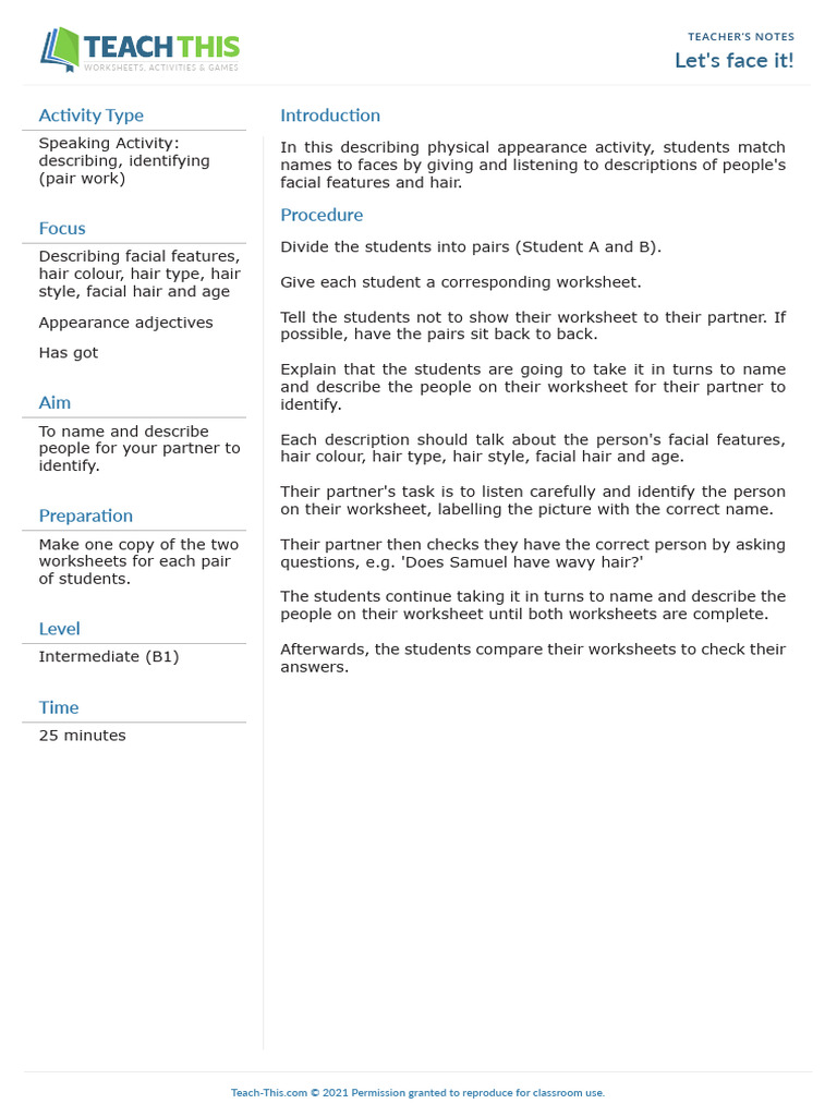 Oral Activity Describing People Appearance Lets-Face-It | PDF