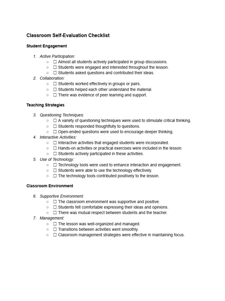 Classroom Self-Evaluation Checklist | PDF