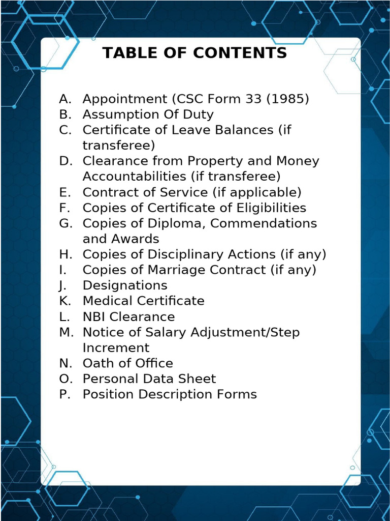 201 Files Table of Contents | PDF