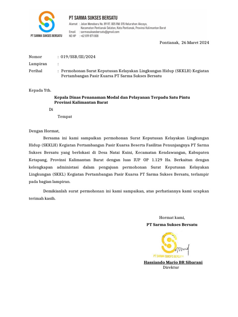Surat Permohonan SKKL PT Sarma | PDF