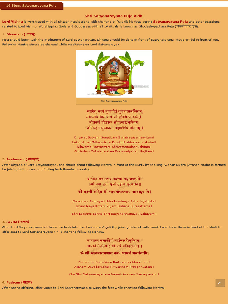 Satyanarayana Puja Vidhi - Shodashopachara Vishnu Puja Vidhi | PDF