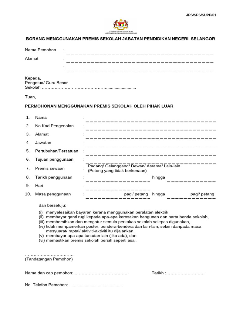 BORANG PERMOHONAN PENGGUNAAN PREMIS SEKOLAH KLANGmulai 18 Jun 2024 | PDF