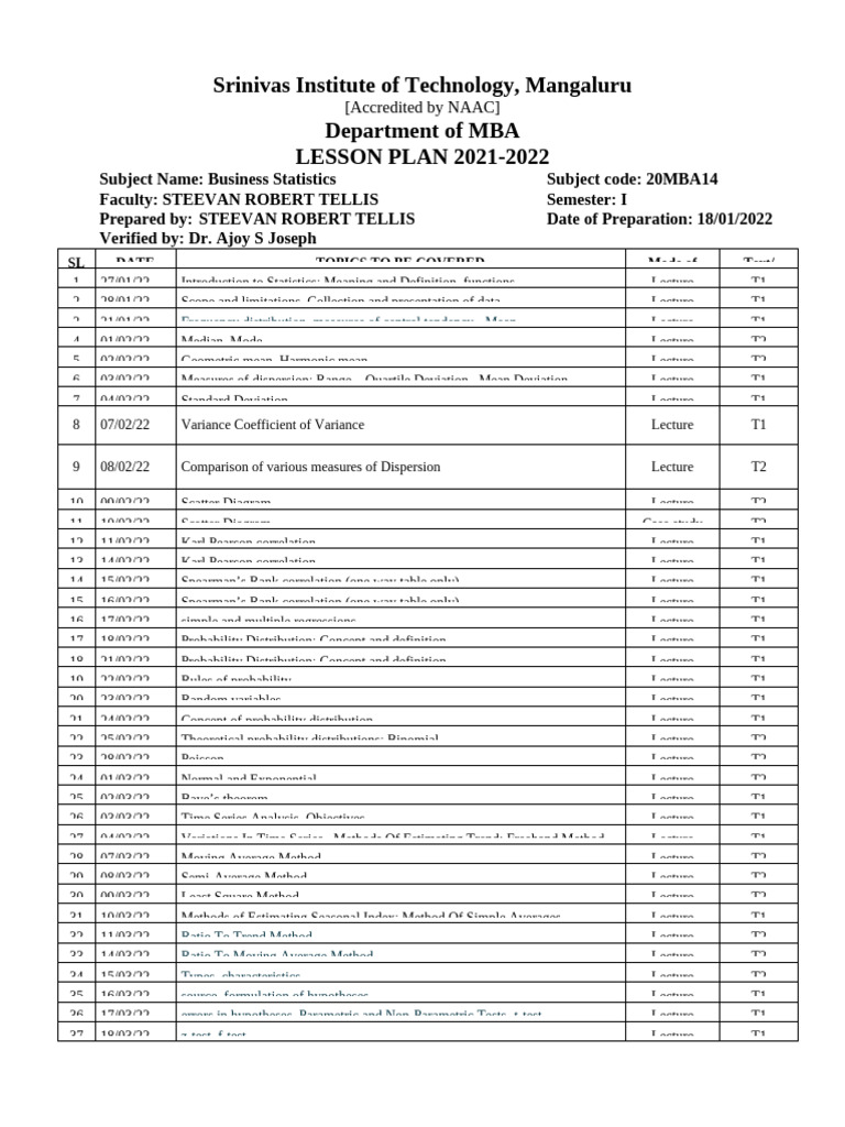 Lesson Plan Business Statistics 2022 | PDF