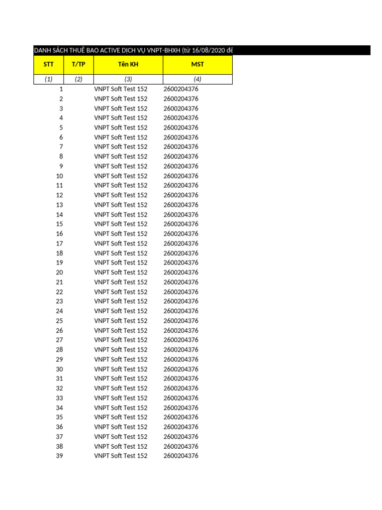 STT T/Tp Tên KH MST: DANH SÁCH THUÊ BAO ACTIVE DỊCH VỤ VNPT-BHXH (từ 16/08/2020 đến 16/08/2024 ...