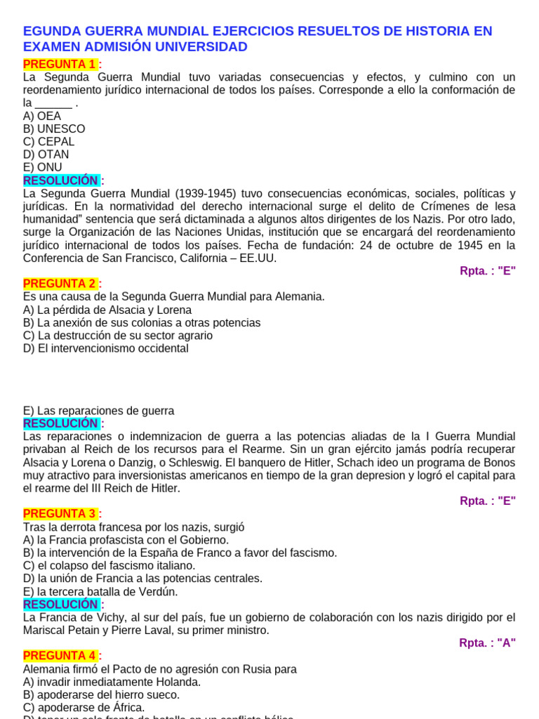 Egunda Guerra Mundial Ejercicios Resueltos de Historia en Examen Admisión Universidad | PDF ...