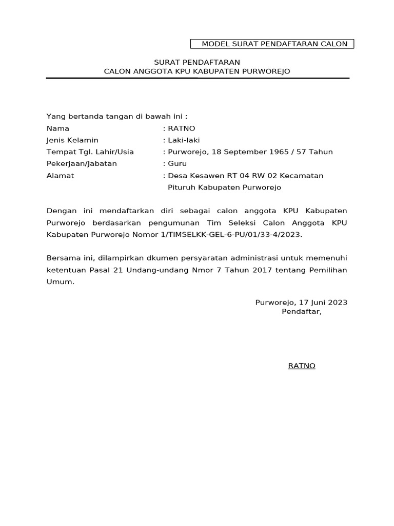 Surat Pendaftaran Kpu | PDF