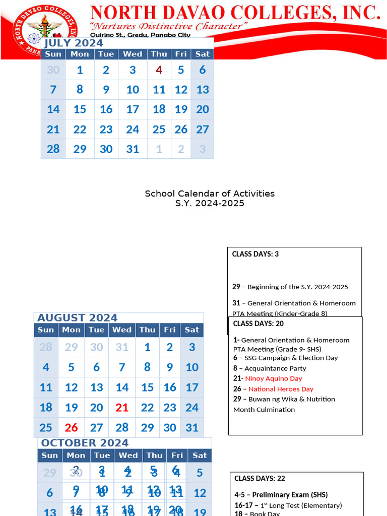 INITIAL 2024 2025 School Calendar of Activities | PDF