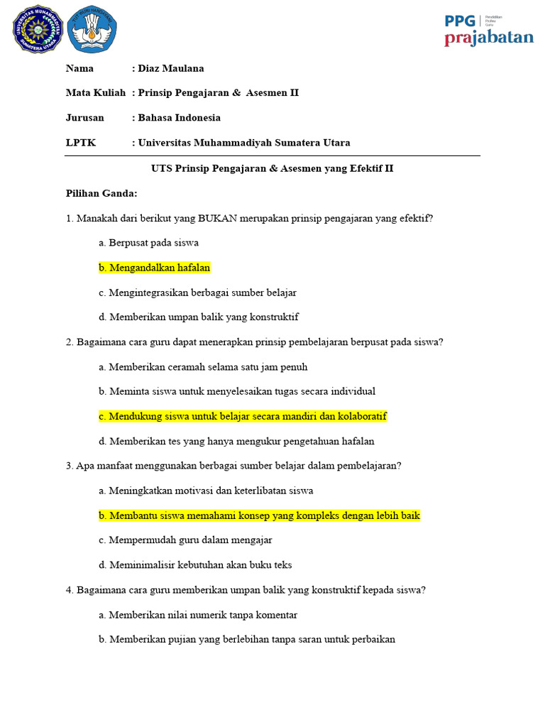 UTS (Ujian Tengah Semester) - Prinsip Pengajaran Dan Asesmen Yang Efektif II - Diaz Maulana | PDF