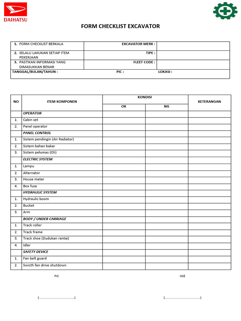 Form Checklist Excavator | PDF