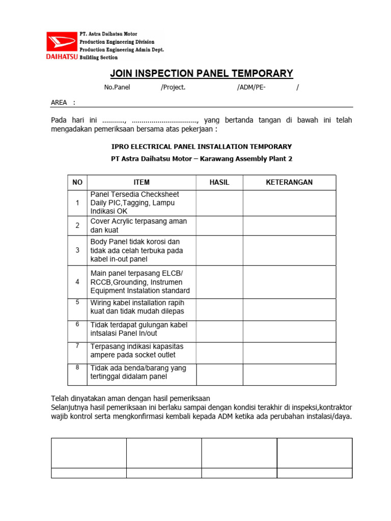 1. CHECKSHEET MAIN PANEL | PDF