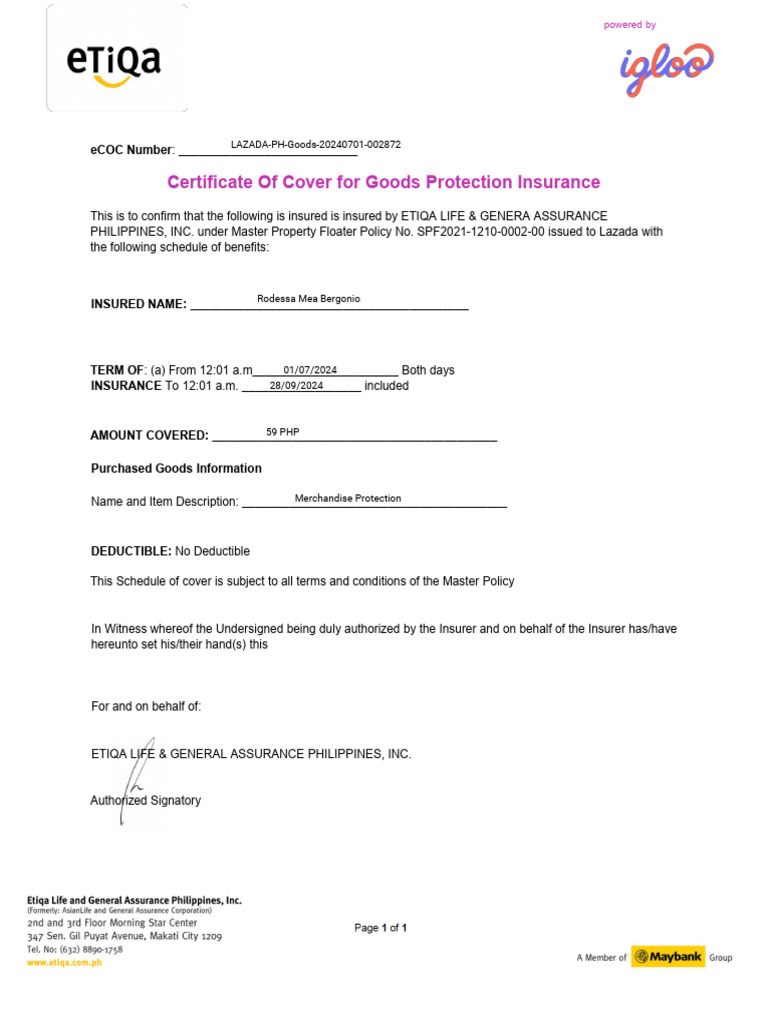Certificate of Cover For Goods Protection Insurance | PDF