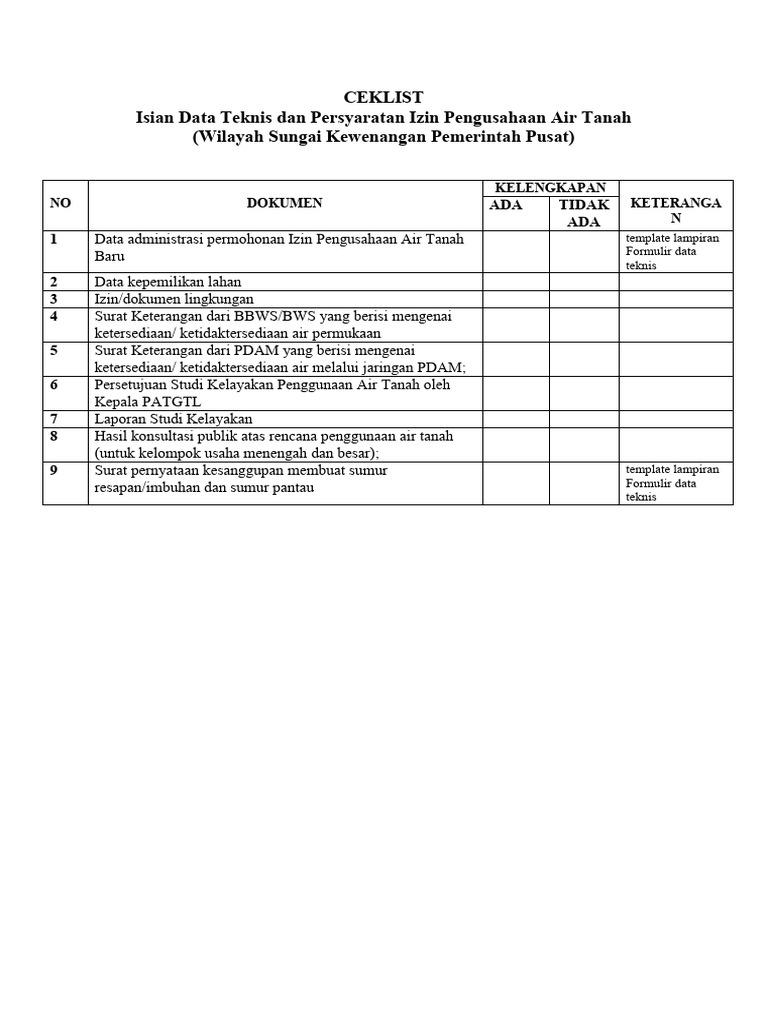 CEKLIST Isian Data Teknis Dan Persyaratan Izin Pengusahaan Air Tanah Wilayah Sungai Kewenangan ...
