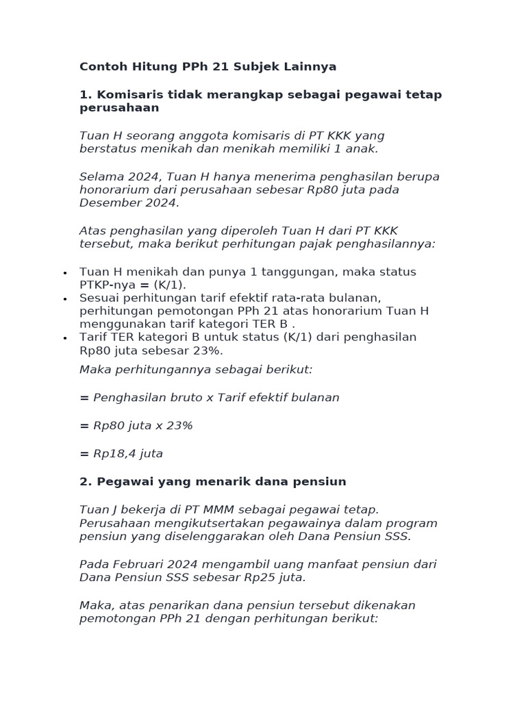 Contoh Hitung PPH 21 Subjek Lainnya | PDF