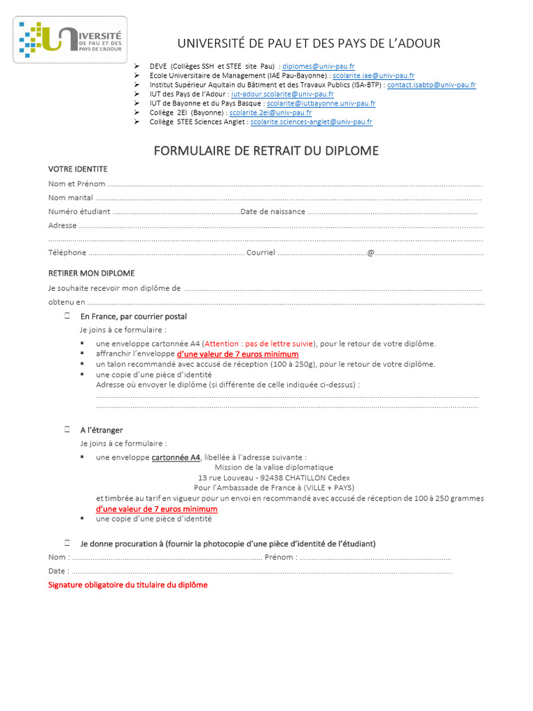 Formulaire de Retrait Du Diplome | PDF