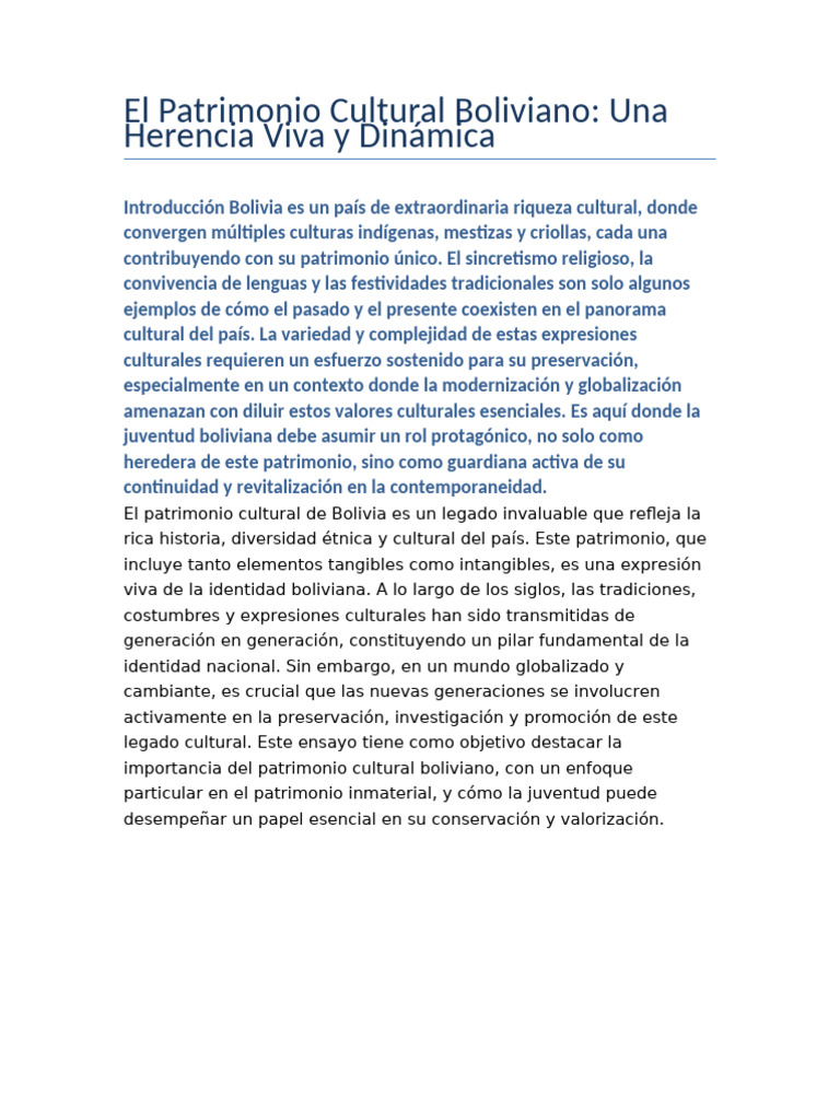 Ensayo Patrimonio Cultural Boliviano 8 Paginas | PDF | Bolivia | Patrimonio cultural