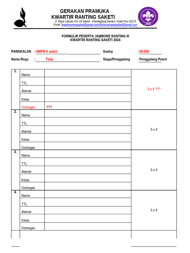 Formulir Pendaftaran Jambore Ranting Iii | PDF
