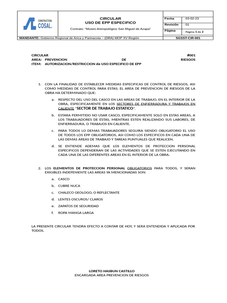 SGSST-CIR-001 CIRCULAR - USO DE EPP EN AREA ESPECIFICA Rev.01 | PDF