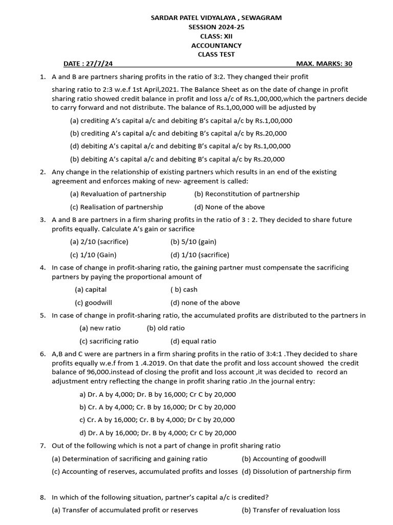 Xii Acc Class Test CH 3 Qu | PDF