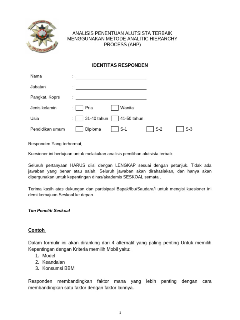 6kuesioner AHP Contoh Tugas | PDF