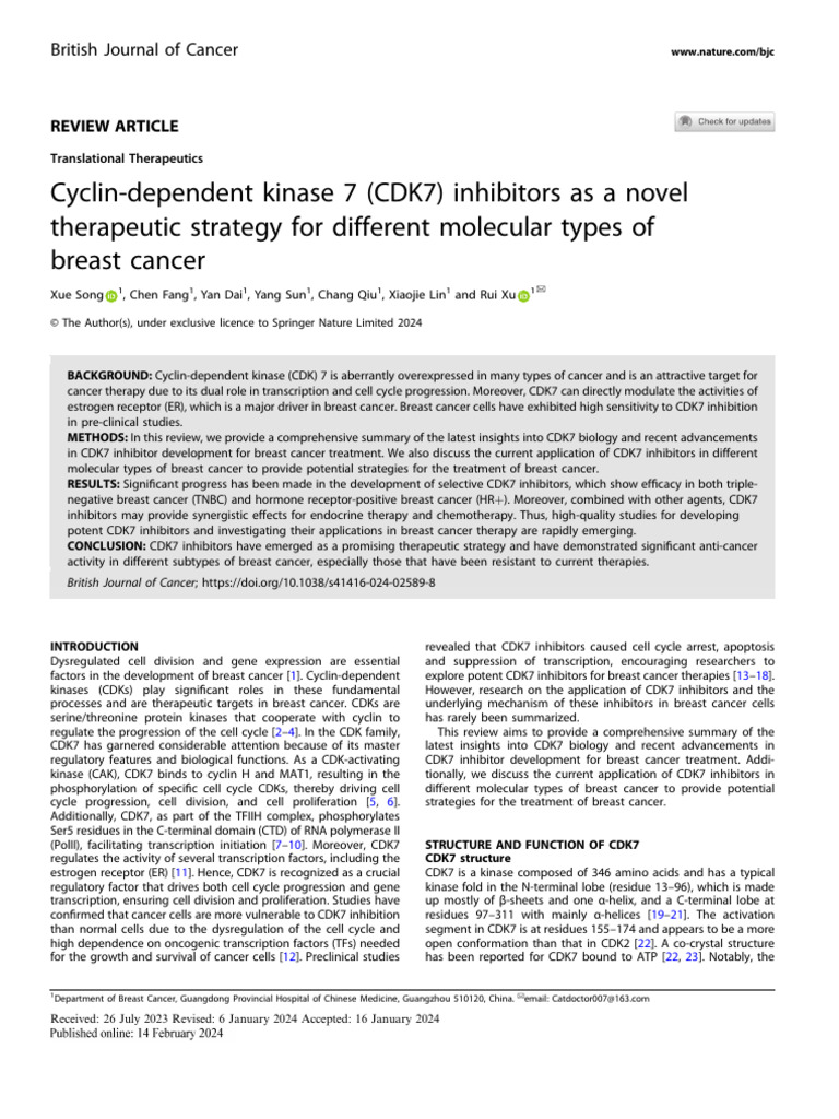 Cyclin-Dependent Kinase 7 (CDK7) Inhibitors As A Novel Therapeutic ...