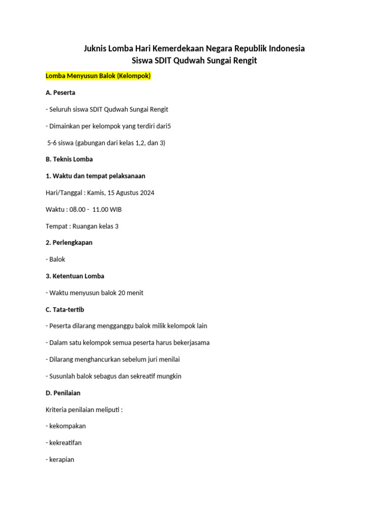 Juknis Lomba Hari Kemerdekaan SDIT Qudwah | PDF